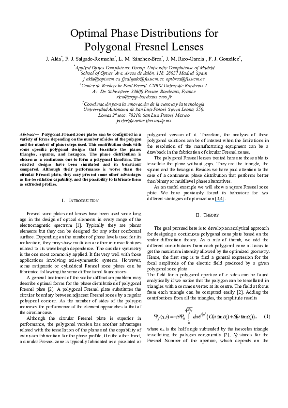 (PDF) Optimal phase distributions for polygonal Fresnel lenses | Javier ...