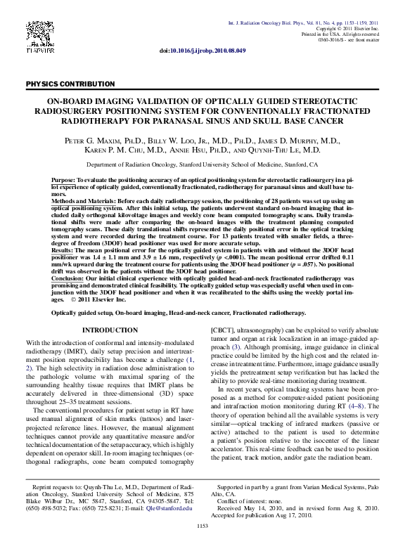 (PDF) On-Board Imaging Validation of Optically Guided Stereotactic ...