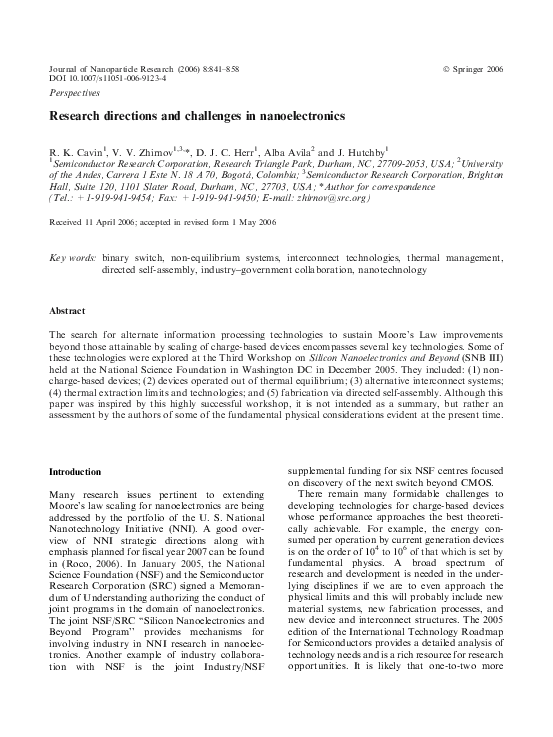 (PDF) Research directions and challenges in nanoelectronics