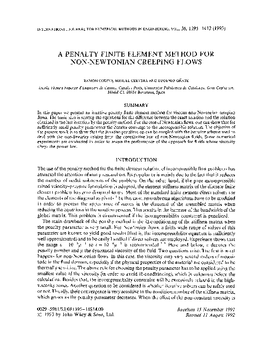 (PDF) A PENALTY FINITE ELEMENT METHOD FOR NON-NEWTONIAN CREEPING FLOWS