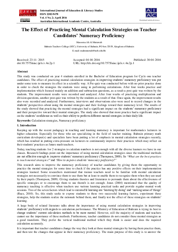 (PDF) The Effect of Practicing Mental Calculation Strategies on Teacher ...