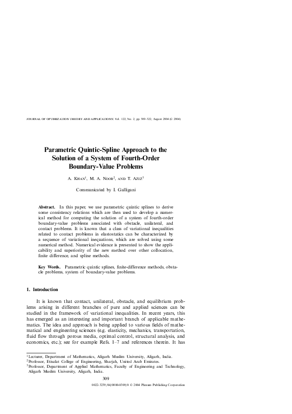 Pdf Parametric Quintic Spline Approach To The Solution Of A System Of Fourth Order Boundary