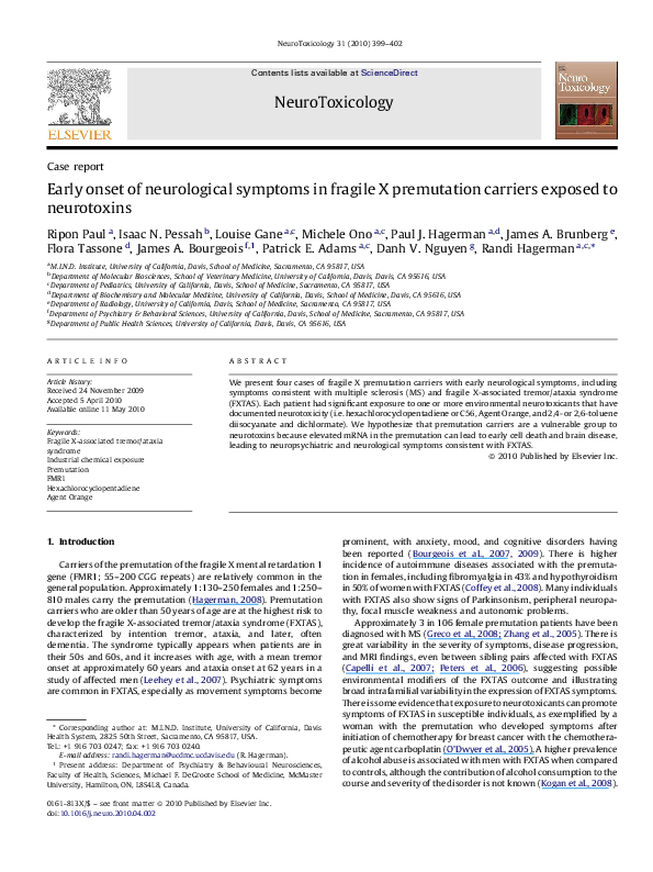 (PDF) Early onset of neurological symptoms in fragile X premutation carriers exposed to neurotoxins