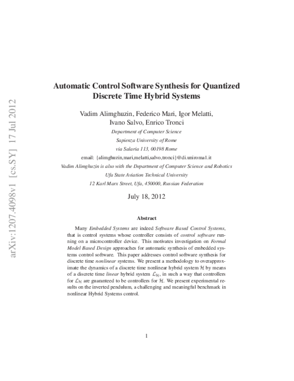 (PDF) Automatic control software synthesis for quantized discrete time hybrid systems | Enrico ...