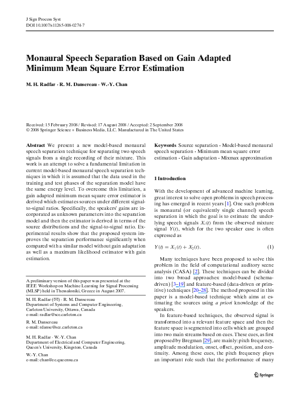 Monaural Speech Separation Based on Gain Adapted Minimum Mean Square Error Estimation