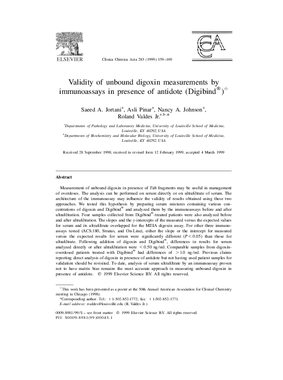 (PDF) Validity of unbound digoxin measurements by immunoassays in ...
