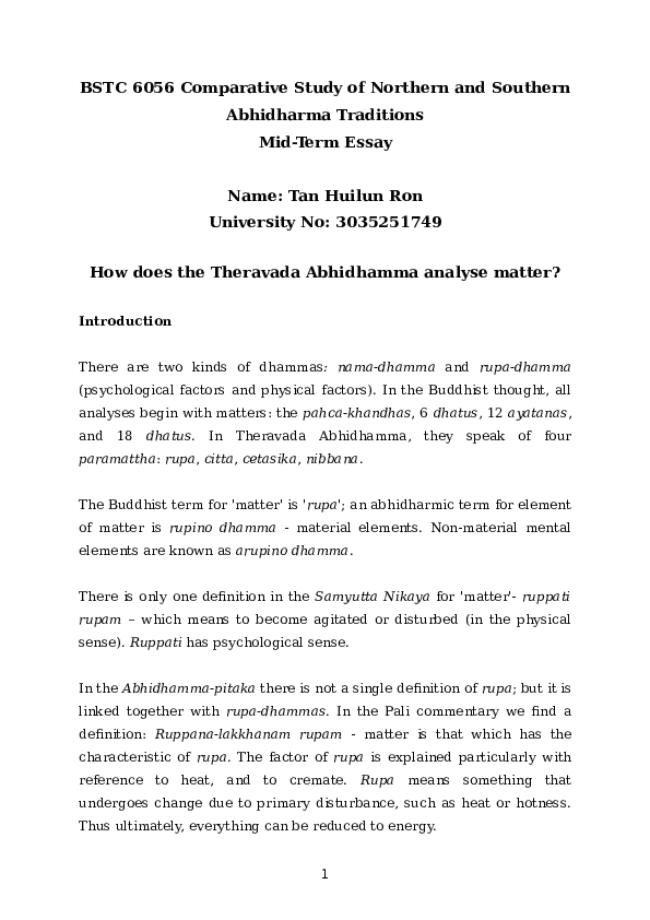 (DOC) How does the Theravada Abhidhamma analyse matter?