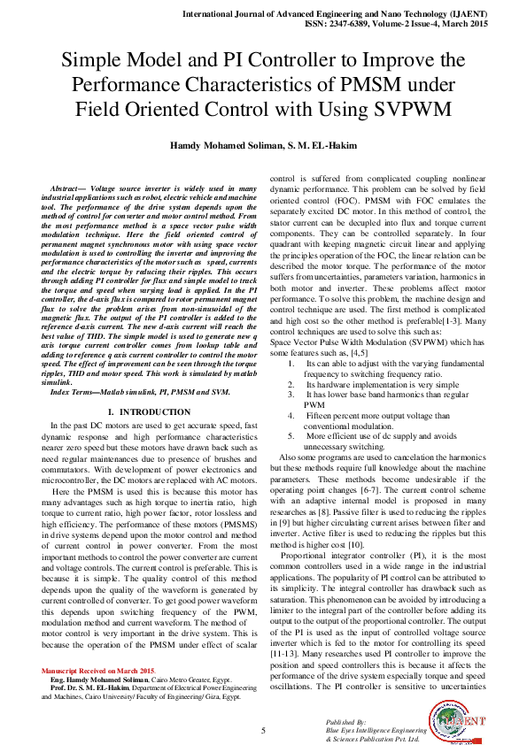 (PDF) Simple Model and PI Controller to Improve the Performance Characteristics of PMSM under ...