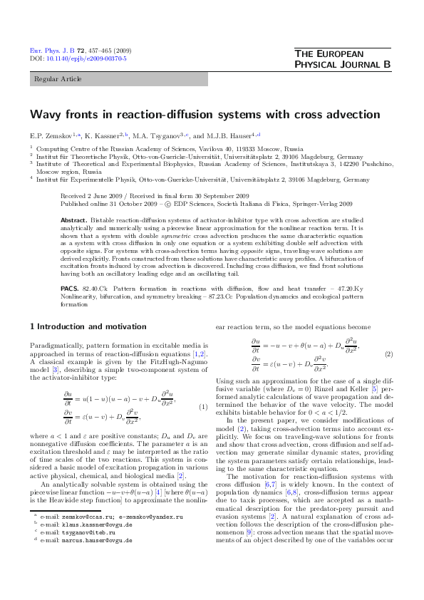 Pdf Wavy Fronts In Reaction Diffusion Systems With Cross Advection