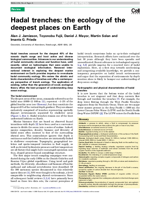 (PDF) Hadal trenches: the ecology of the deepest places on Earth