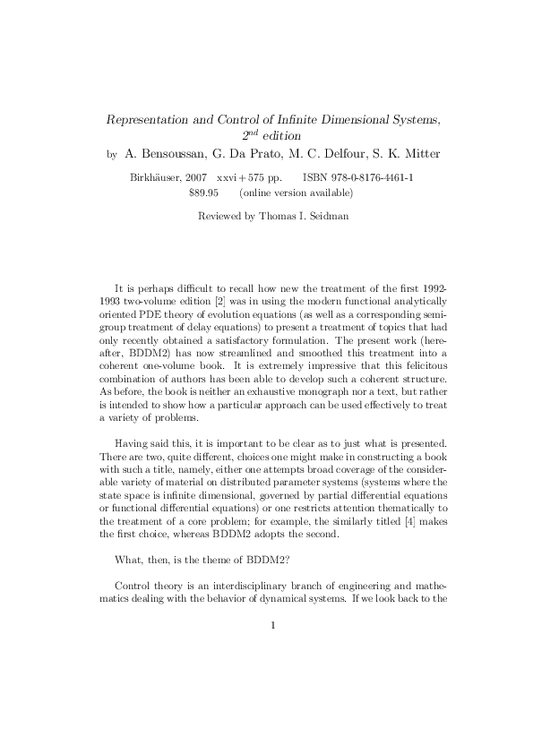 (PDF) Control and Representation of Infinite Dimensional Systems