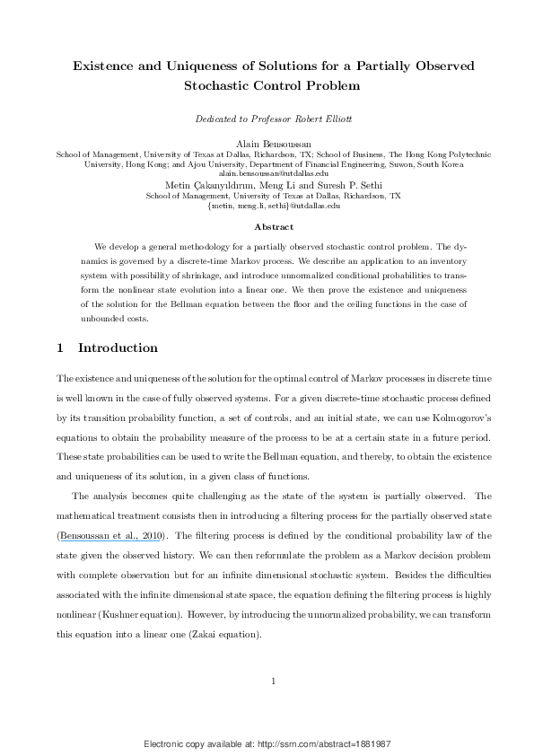 Existence And Uniqueness Of A Solution Of A Partially Observed
