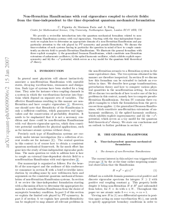 (PDF) Non-Hermitian Hamiltonians with real eigenvalues coupled to electric fields: From the time ...