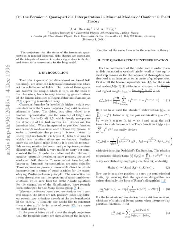 (PDF) On the fermionic quasi-particle interpretation in minimal models of conformal field theory