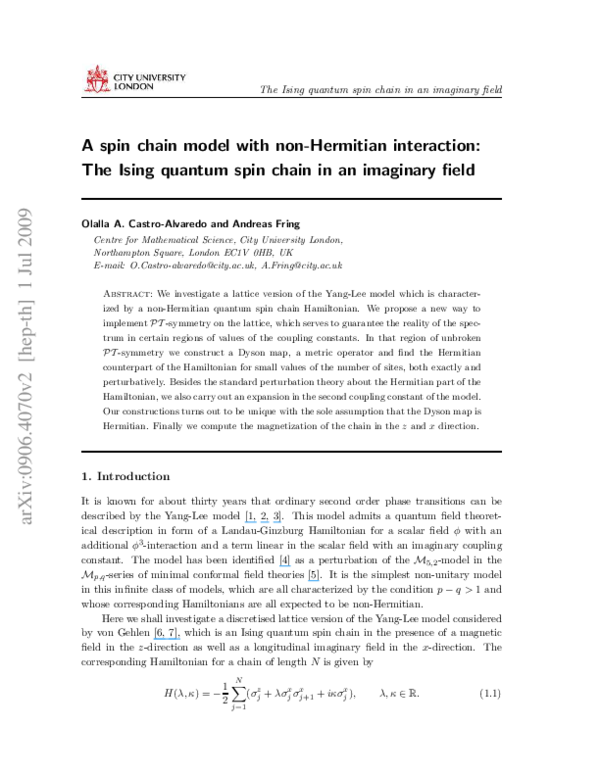 (PDF) A spin chain model with non-Hermitian interaction: The Ising ...
