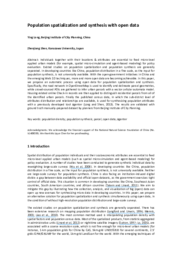 Pdf Population Spatialization And Synthesis With Open Data