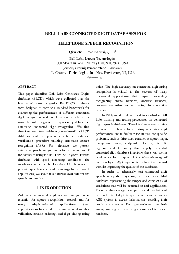 (PDF) Bell Labs connected digit databases for telephone speech recognition