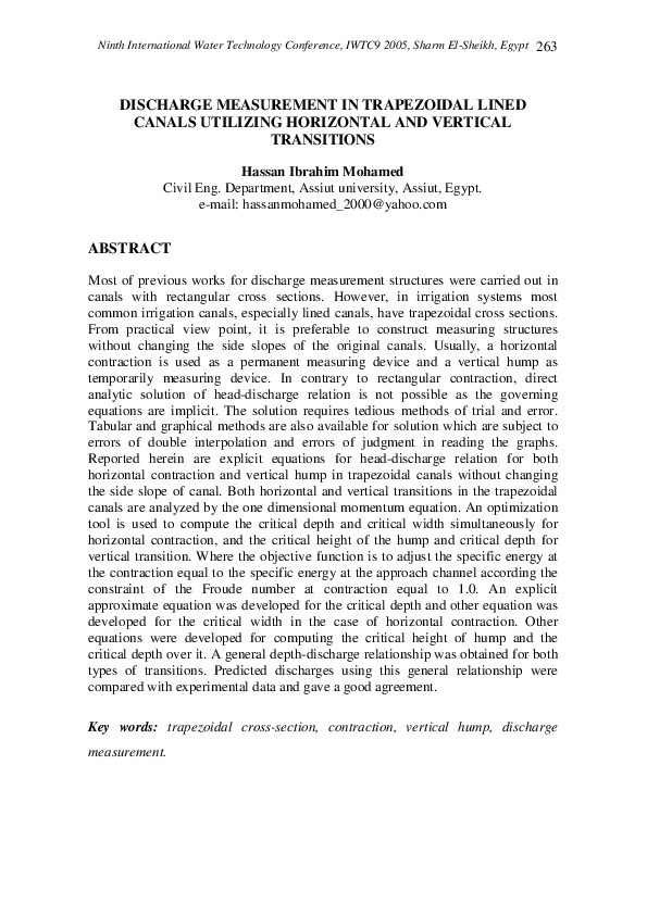 (PDF) Discharge Measurement in Trapezoidal Lined Canals Utilizing ...