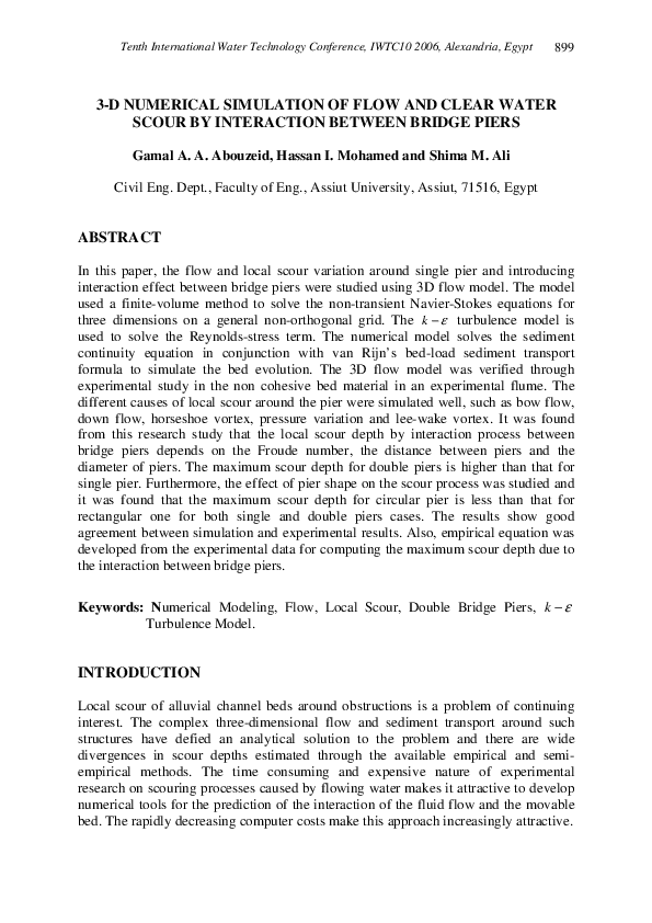 (PDF) 3-D Numerical Simulation of Flow and Clear Water Scour by Interaction Between Bridge Piers