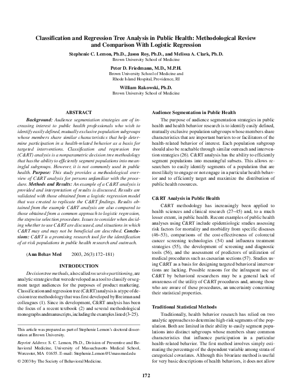 (PDF) Classification and regression tree analysis in public health ...