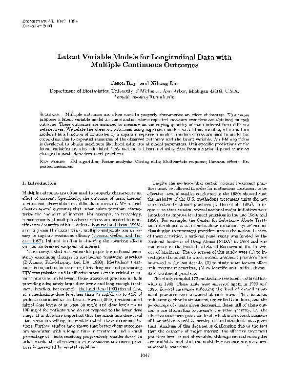 (PDF) Latent Variable Models for Longitudinal Data with Multiple Continuous Outcomes