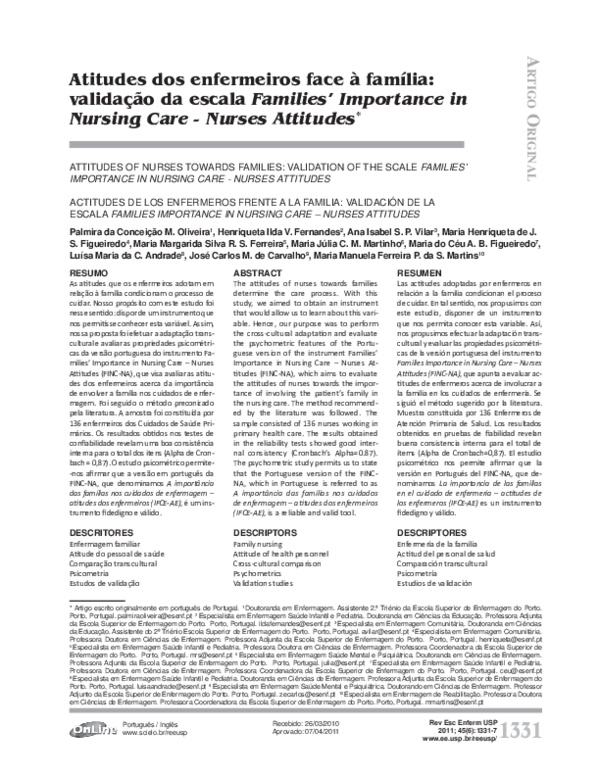 (PDF) [Attitudes of nurses towards families: validation of the scale ... (PDF) [Attitudes of nurses towards families: validation of the scale ...
