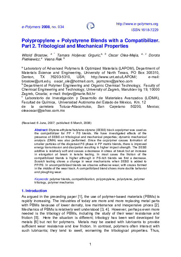 (PDF) Polypropylene+ Polystyrene Blends with a Compatibilizer. Part I ...