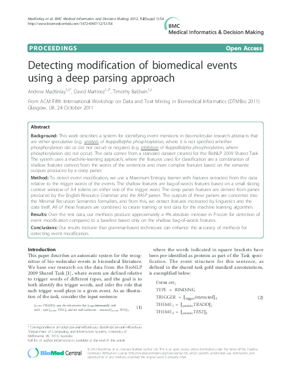 (PDF) Detecting modification of biomedical events using a deep parsing approach