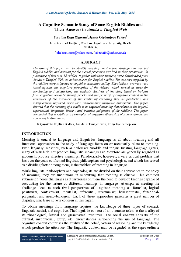 (PDF) A Cognitive Semantic Study of Some English Riddles and Their ...