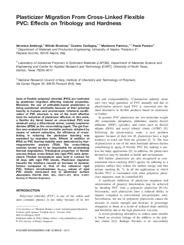 (PDF) Plasticizer migration from cross‐linked flexible PVC: Effects on ...