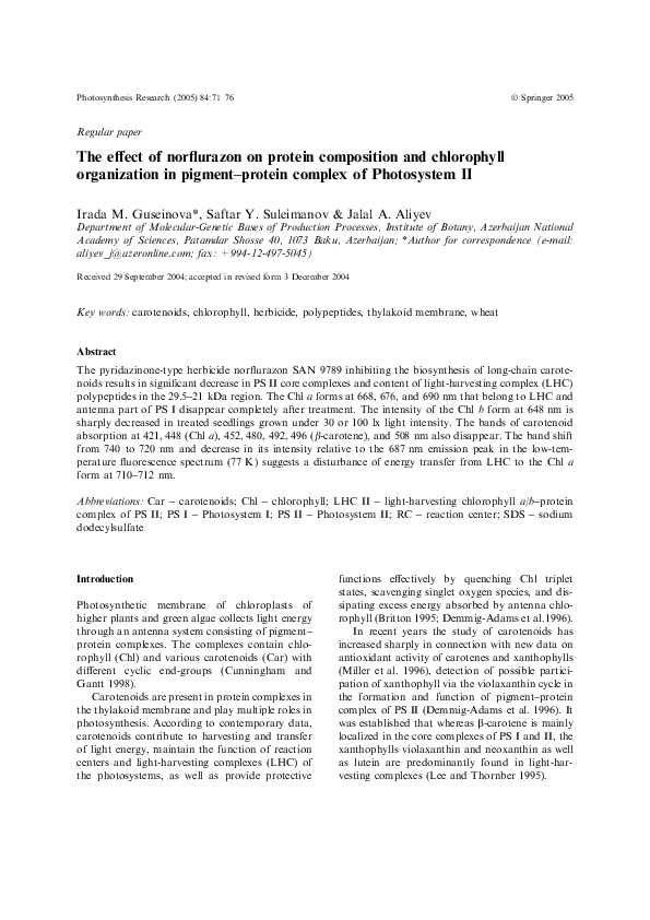 (PDF) The effect of norflurazon on protein composition and chlorophyll ...