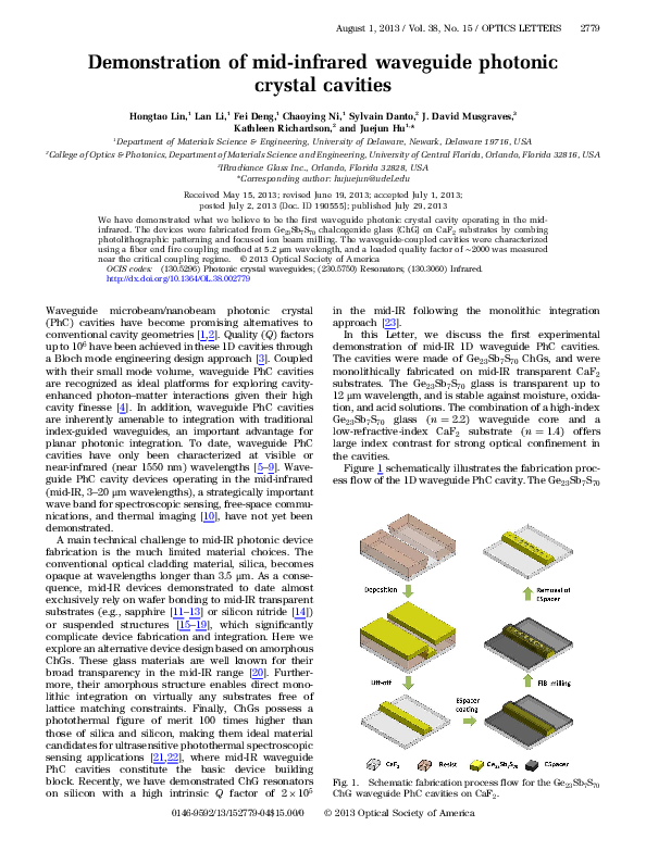 (PDF) Demonstration of mid-infrared waveguide photonic crystal cavities