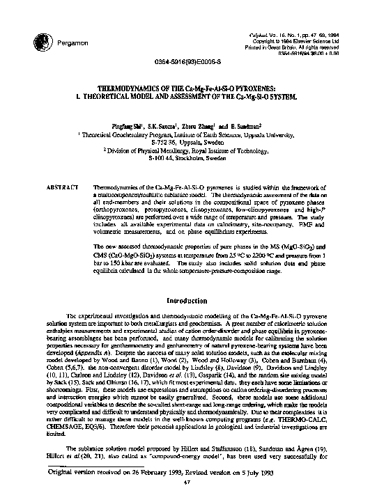 (PDF) Thermodynamics of the Ca-Mg-Fe-Al-Si-O Pyroxenes: I. Theoretical model and assessment of ...
