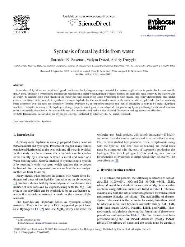 (PDF) Synthesis of metal hydride from water