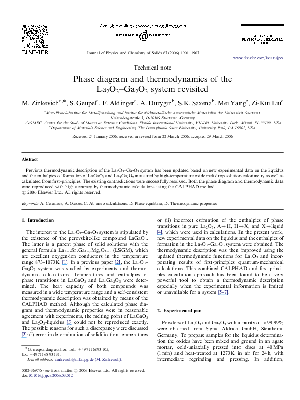 (PDF) Phase diagram and thermodynamics of the La2O3–Ga2O3 system revisited