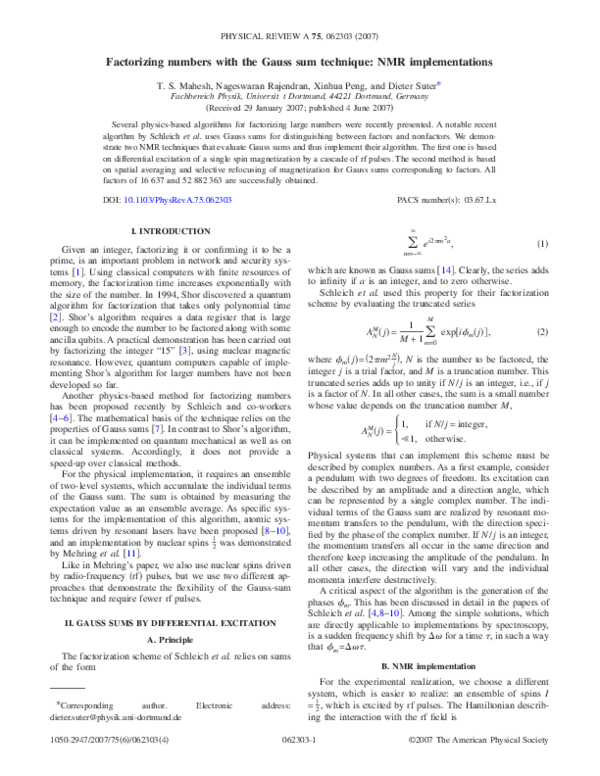 (PDF) Factorizing numbers with the Gauss sum technique: NMR implementations
