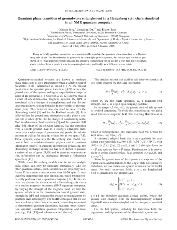 (PDF) Quantum phase transition of ground-state entanglement in a Heisenberg spin chain simulated ...