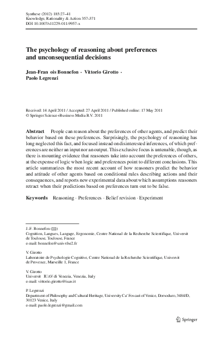 (PDF) The psychology of reasoning about preferences and unconsequential ...