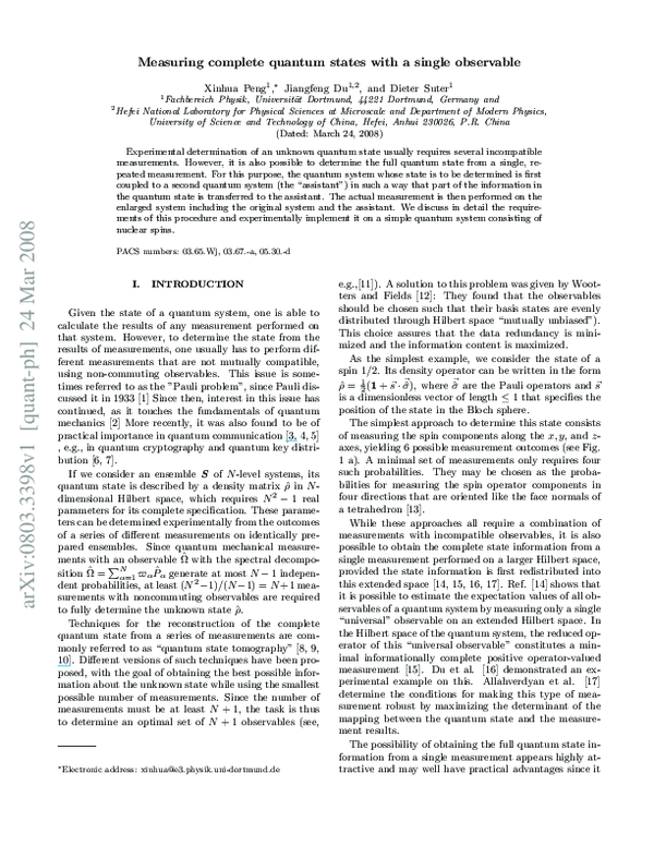 (PDF) Measuring complete quantum states with a single observable