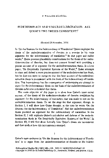 Pdf Indeterminacy And Underdetermination Are Quines Two Theses Consistent
