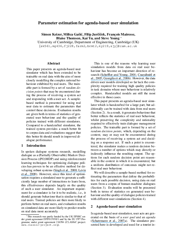 (PDF) Parameter estimation for agenda-based user simulation