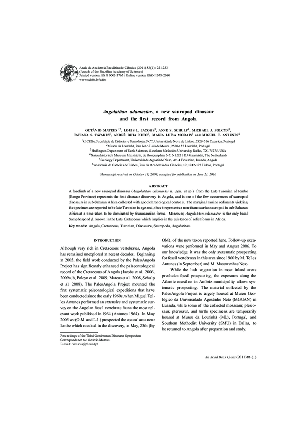(PDF) Angolatitan adamastor, a new sauropod dinosaur and the first ...
