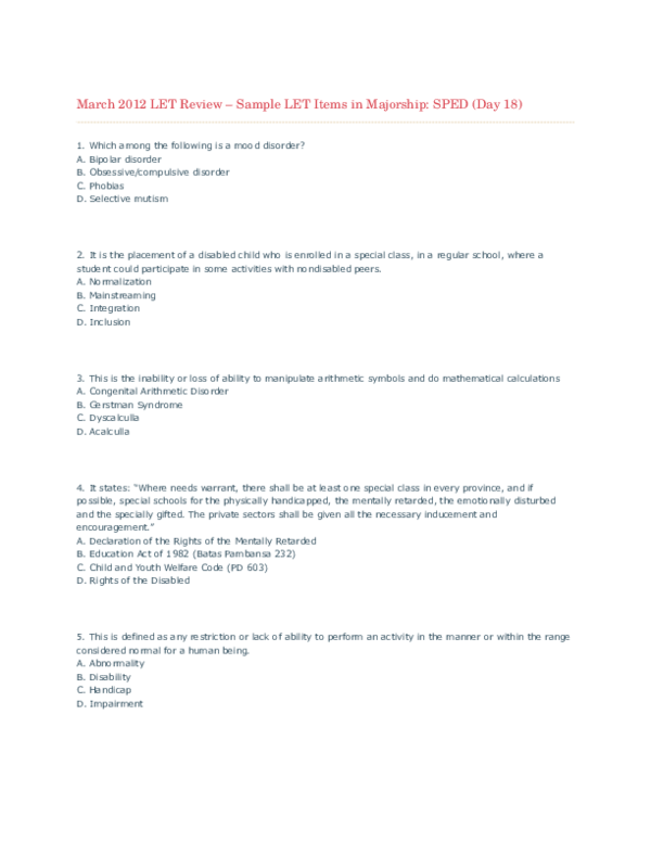 (DOC) March 2012 LET Review – Sample LET Items in Majorship: SPED (Day 18