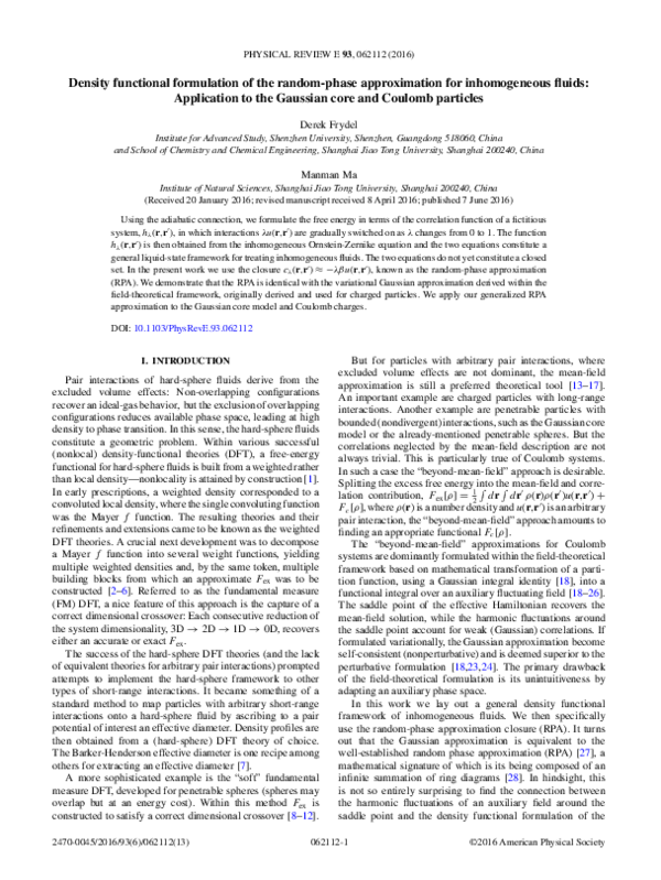 Pdf Density Functional Formulation Of The Random Phase Approximation