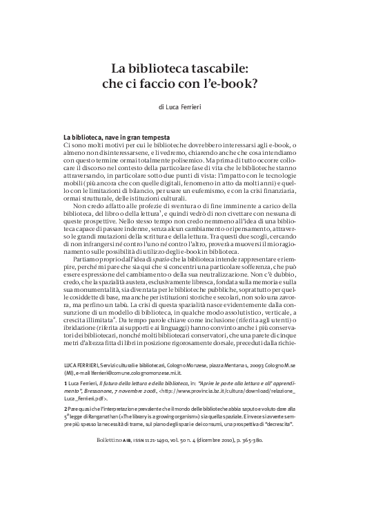 (PDF) La biblioteca tascabile: che ci faccio con l'e-book?