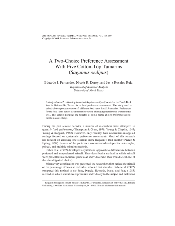 (PDF) A Two-Choice Preference Assessment With Five Cotton-Top Tamarins ...