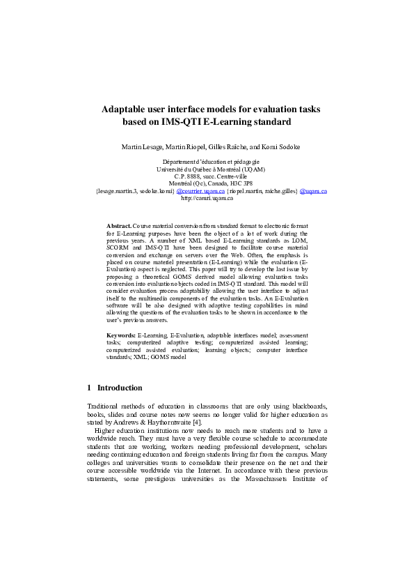 (PDF) Adaptable user interface models for evaluation tasks based on IMS-QTI E-Learning standard