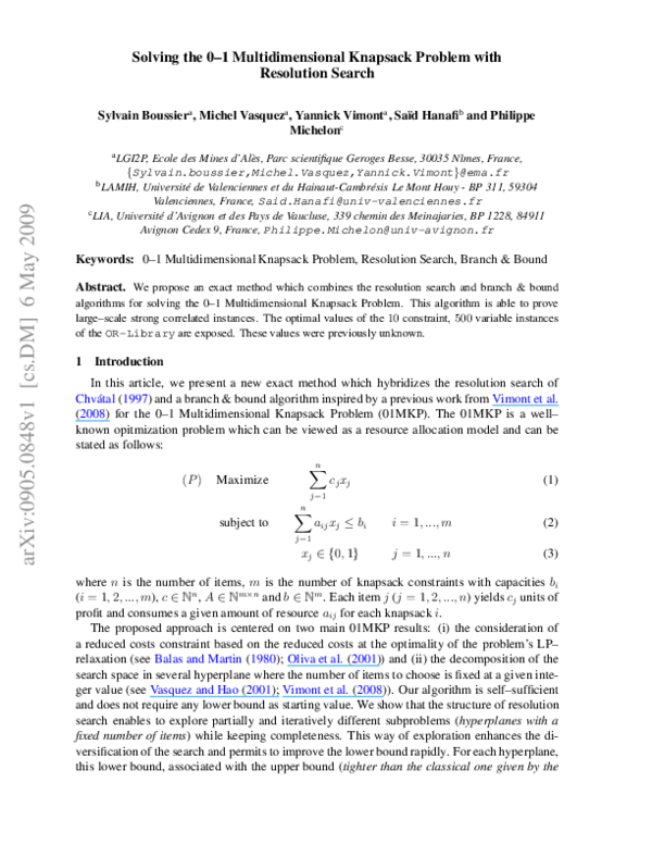 (PDF) Solving the 0-1 Multidimensional Knapsack Problem Using Tabu Search and Visualization