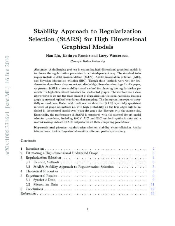 (PDF) Stability Approach to Regularization Selection (StARS) for High Dimensional Graphical Models