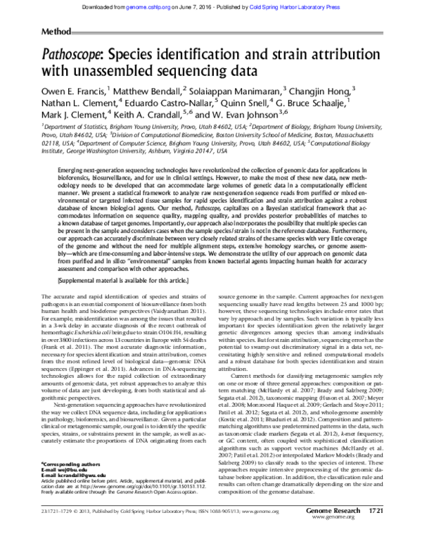 (PDF) Pathoscope: Species identification and strain attribution with unassembled sequencing data